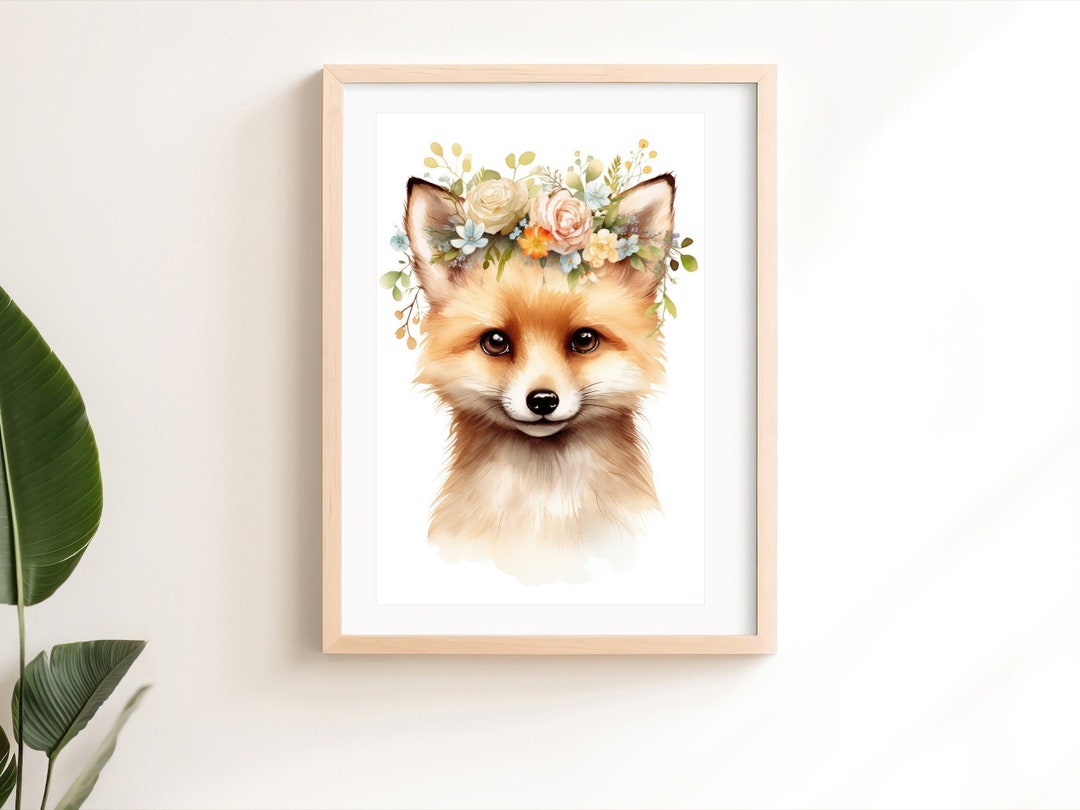 Cute Fox Flower Crown Printable Wall Art, Nursery Wall Decor ...