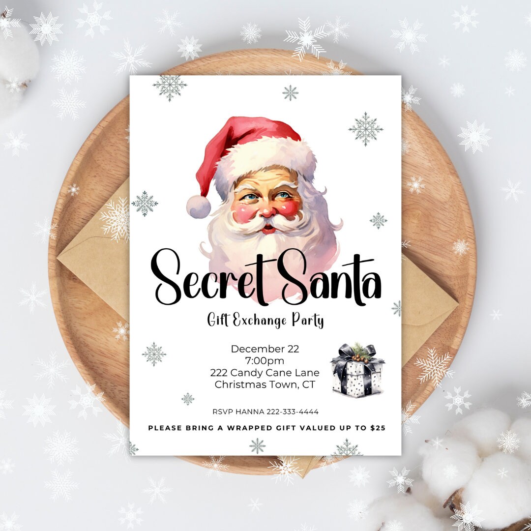 Secret Santa Invitation Template, Christmas Party Invite, Secret Santa ...