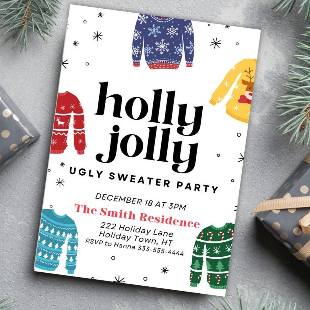 Editable Ugly Sweater Party Invitation, Retro Christmas Ugly Sweater ...