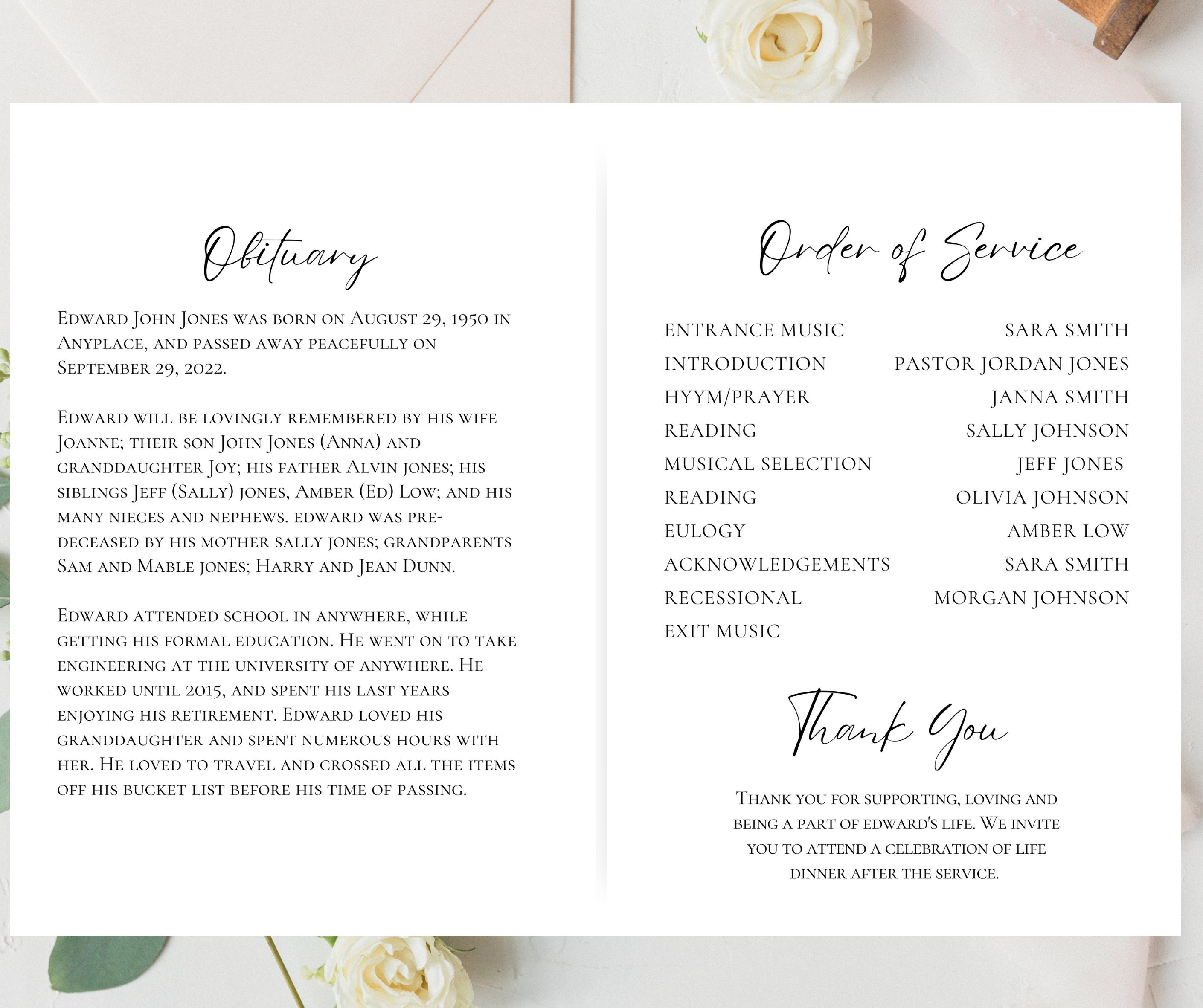 Minimalist Funeral Program, Funeral Program for Man, Template Simple ...