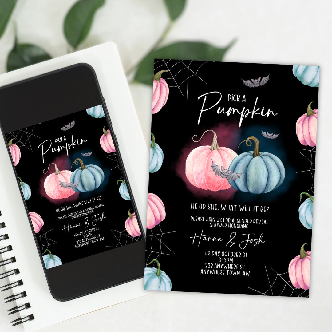 Halloween Gender Reveal Invitation, Pumpkin Baby Shower Gender Reveal ...