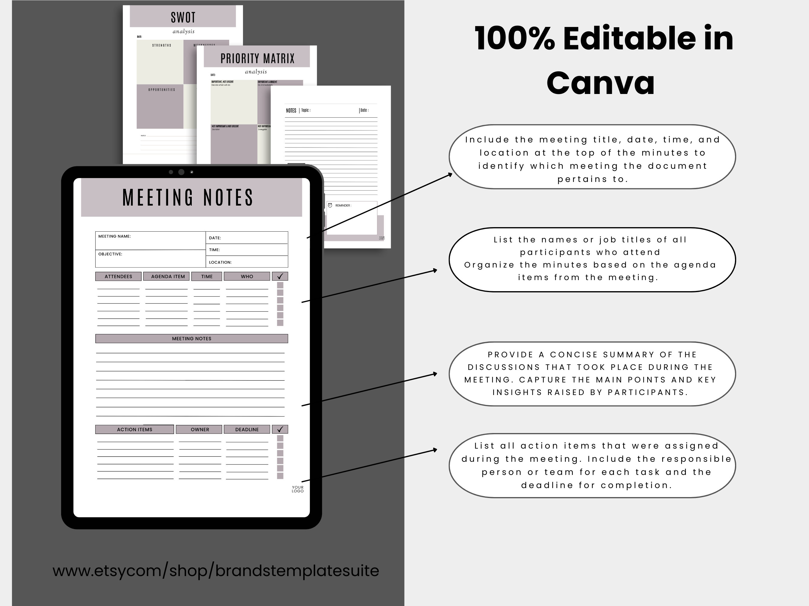 Meeting Minutes Canva Template, INSTANT DOWNLOAD, Meeting Agenda ...