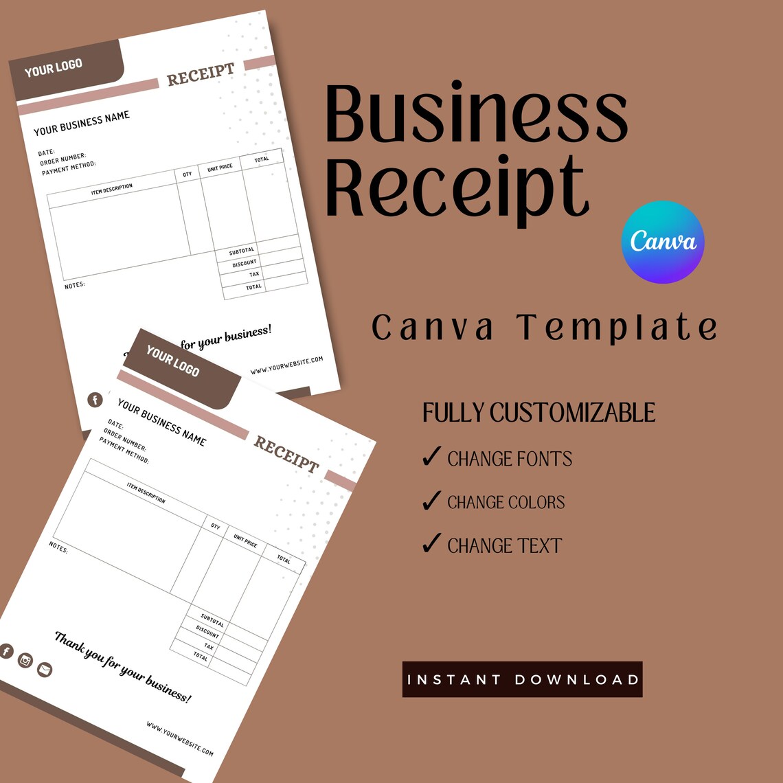 Small Business Receipt Template, INSTANT DOWNLOAD. Business Invoice ...