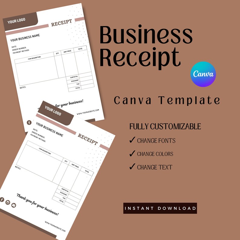 Small Business Receipt Template, INSTANT DOWNLOAD. Business Invoice ...