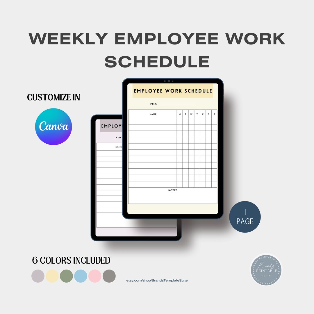 Weekly Work Schedule, INSTANT DOWNLOAD, Employee Work Schedule, Canva ...