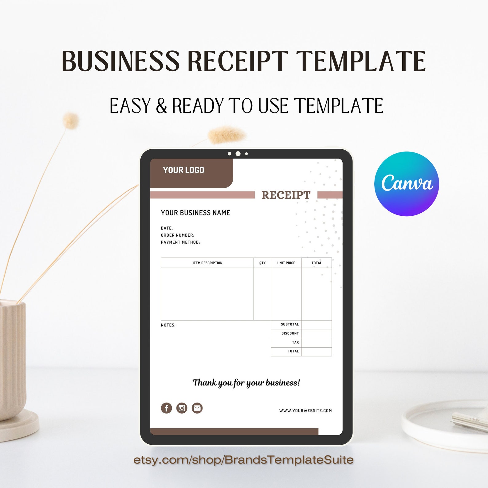 Small Business Receipt Template, INSTANT DOWNLOAD. Business Invoice ...