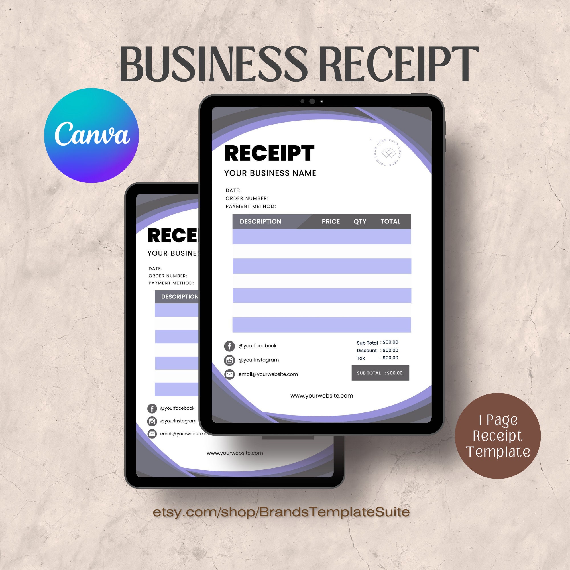 Small Business Receipt Template, INSTANT DOWNLOAD. Business Invoice ...