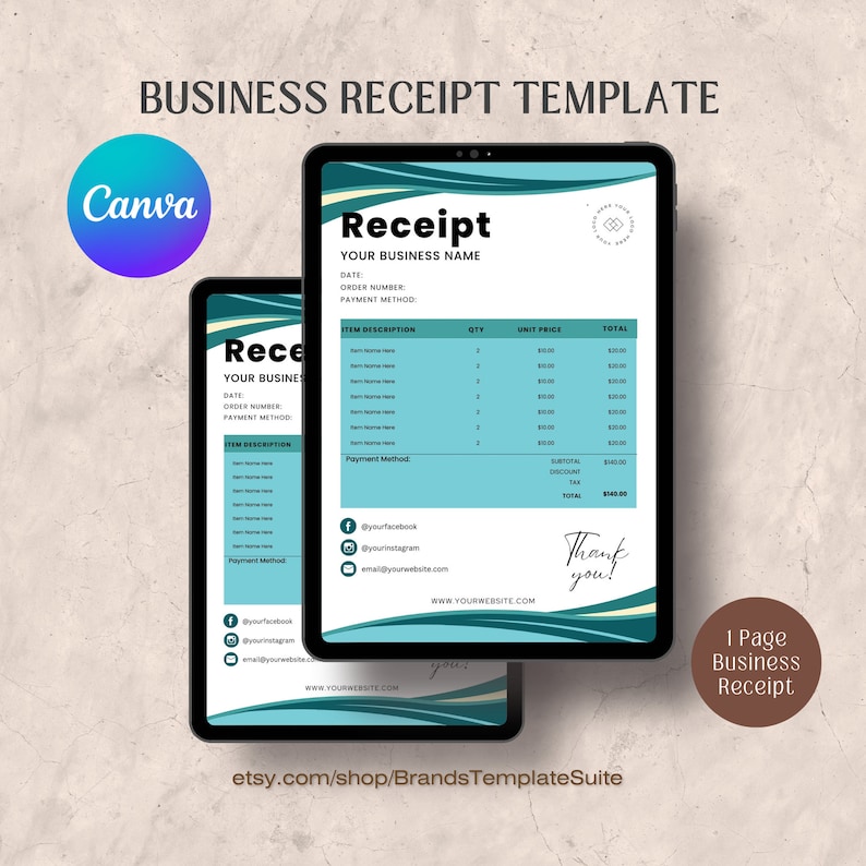 Small Business Receipt Template, INSTANT DOWNLOAD. Business Invoice ...