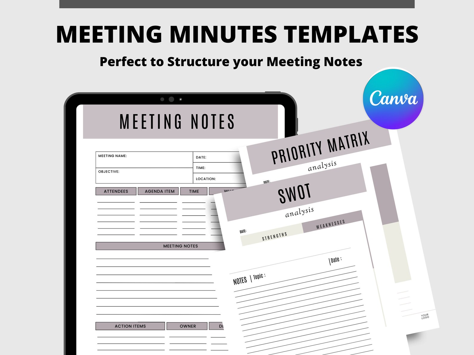 Meeting Minutes Canva Template, INSTANT DOWNLOAD, Meeting Agenda ...