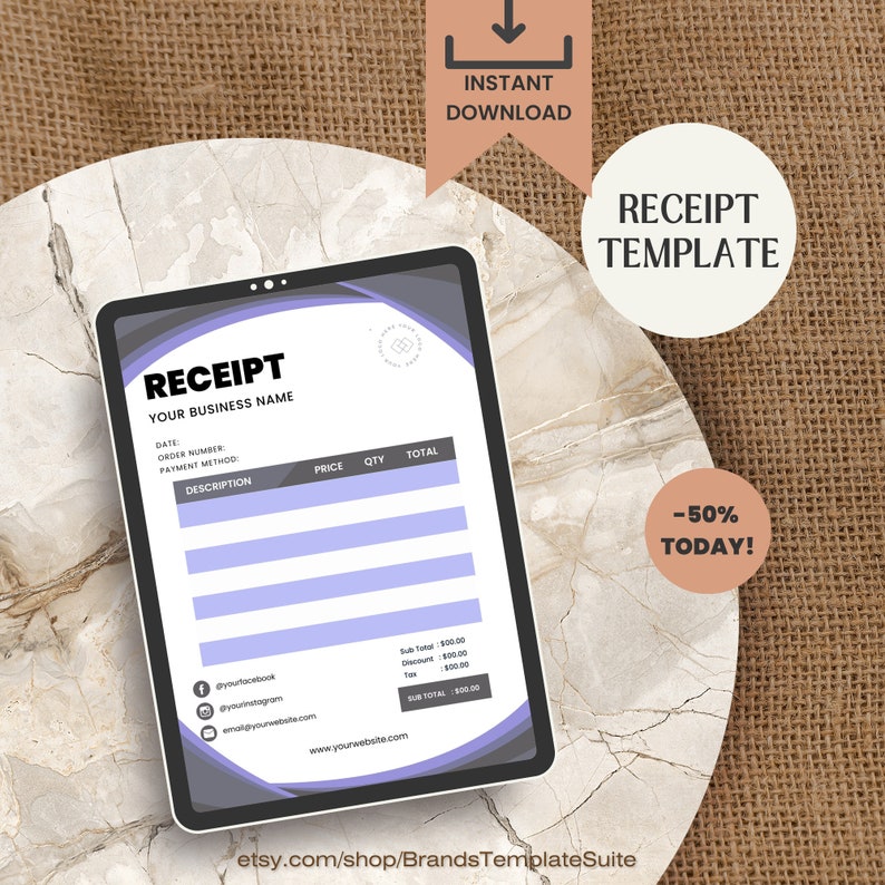 Small Business Receipt Template, INSTANT DOWNLOAD. Business Invoice ...