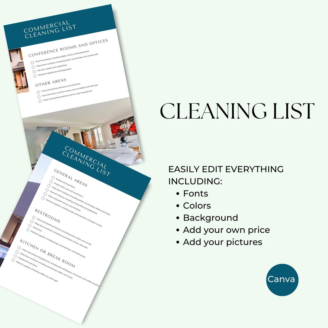 Cleaning Checklist, Commercial Cleaning List, INSTANT DOWNLOAD, Canva ...