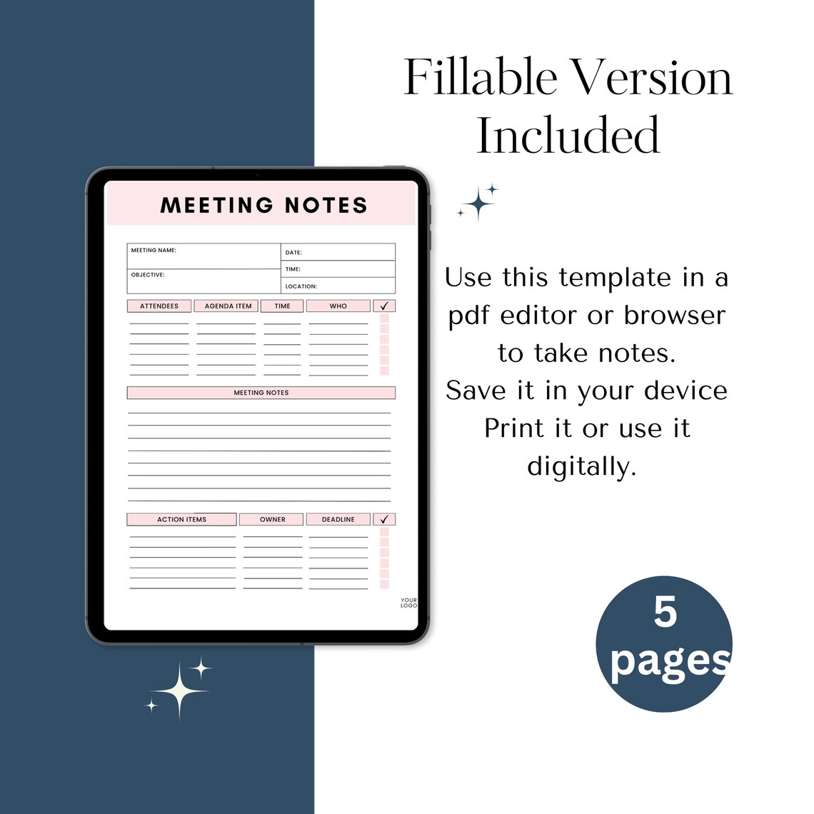 Meeting Minutes Canva Template, INSTANT DOWNLOAD, Meeting Agenda ...