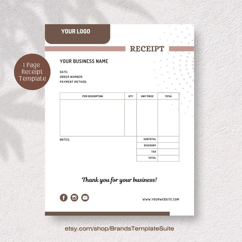 Small Business Receipt Template, INSTANT DOWNLOAD. Business Invoice ...