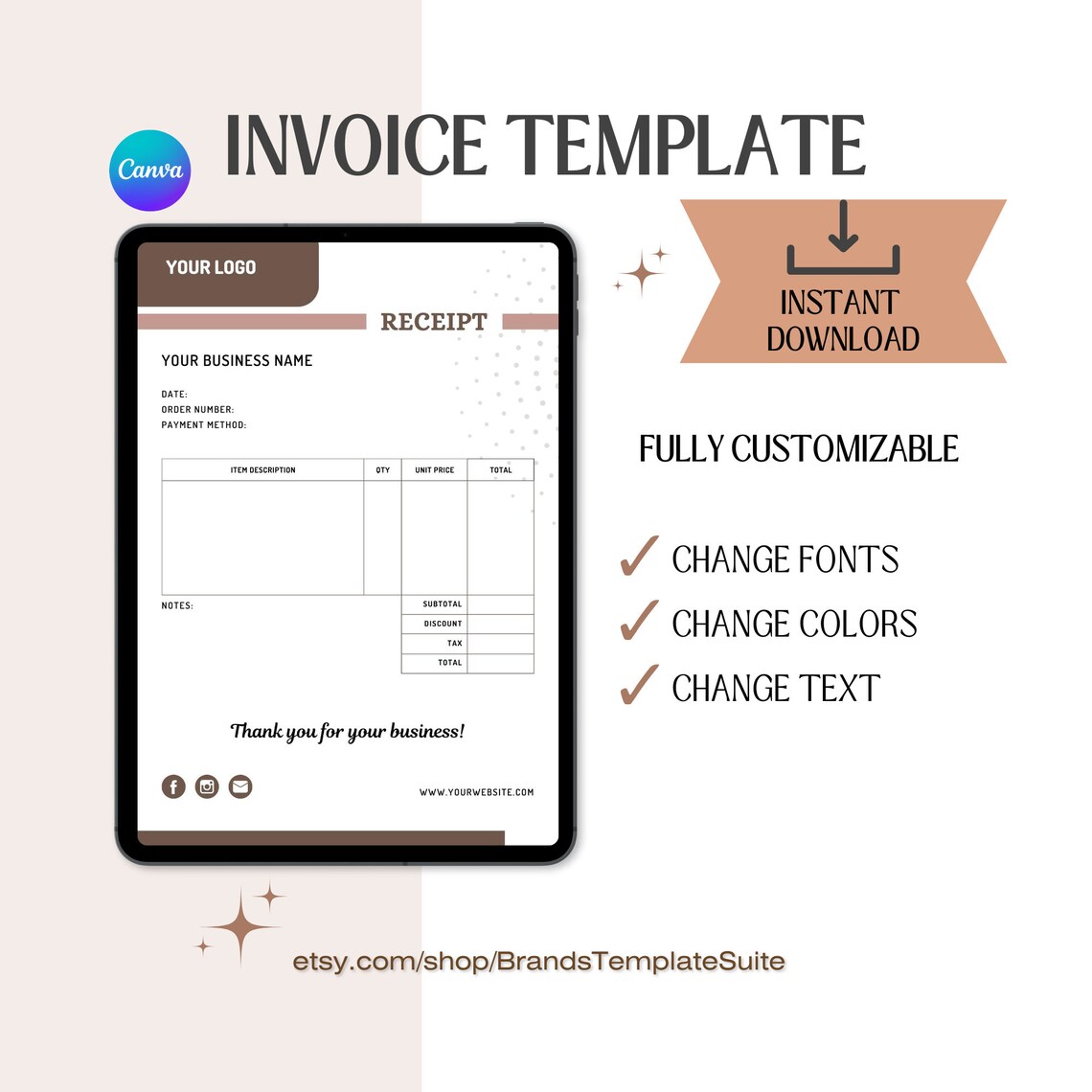 Small Business Receipt Template, INSTANT DOWNLOAD. Business Invoice ...