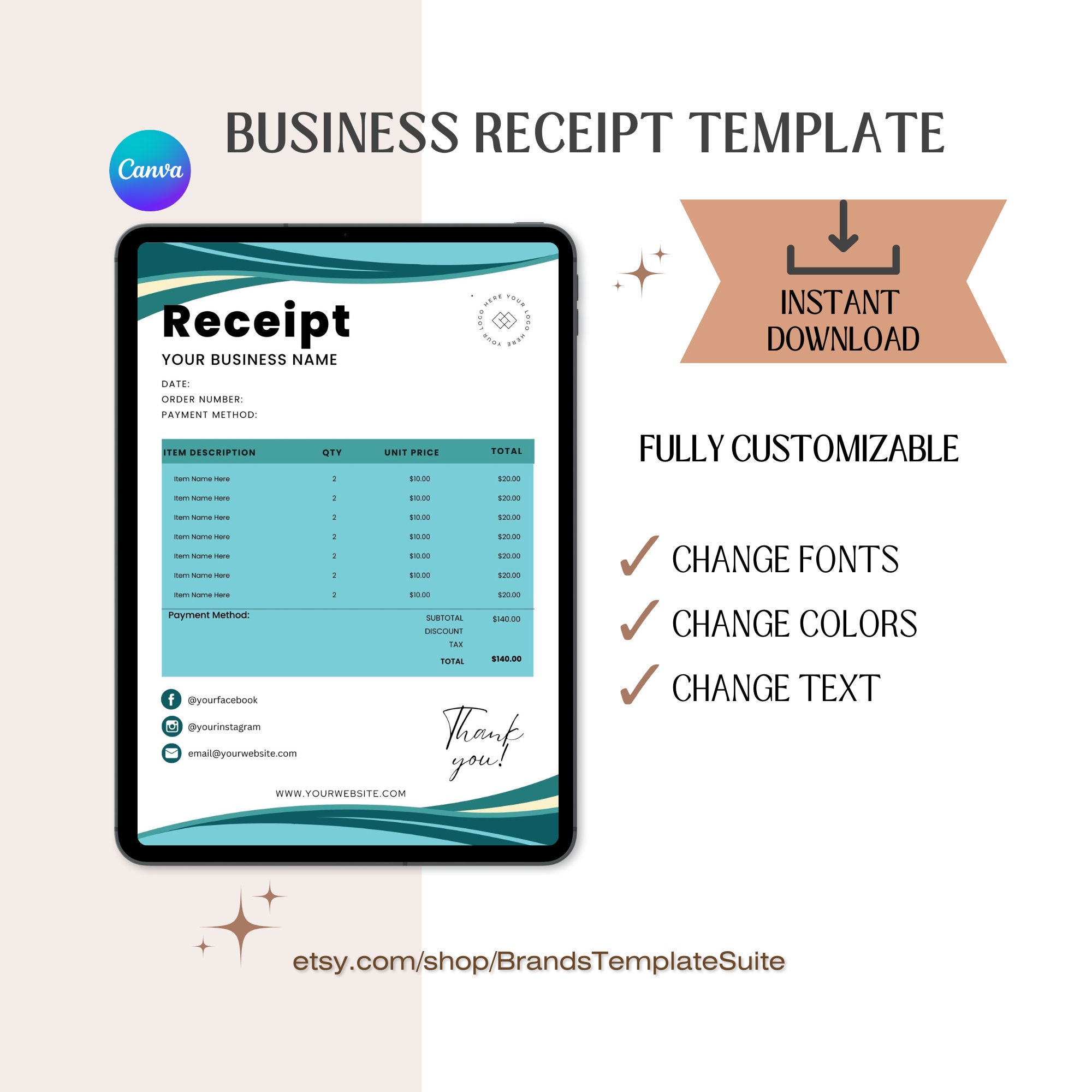 Small Business Receipt Template, INSTANT DOWNLOAD. Business Invoice ...
