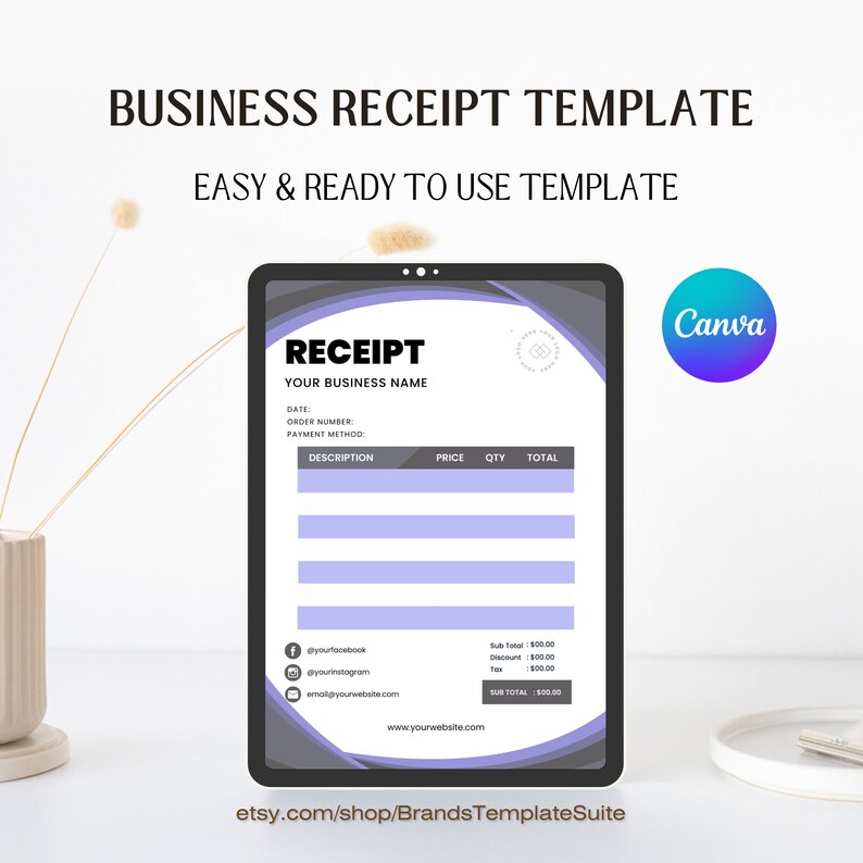 Small Business Receipt Template, INSTANT DOWNLOAD. Business Invoice ...