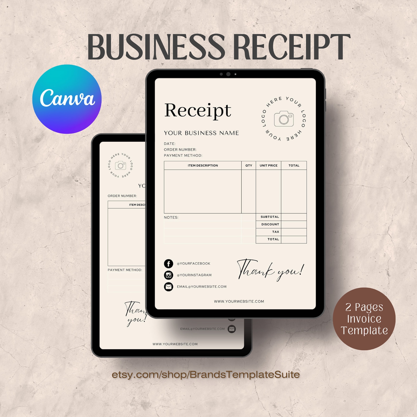 Small Business Receipt Template, INSTANT DOWNLOAD. Business Invoice ...