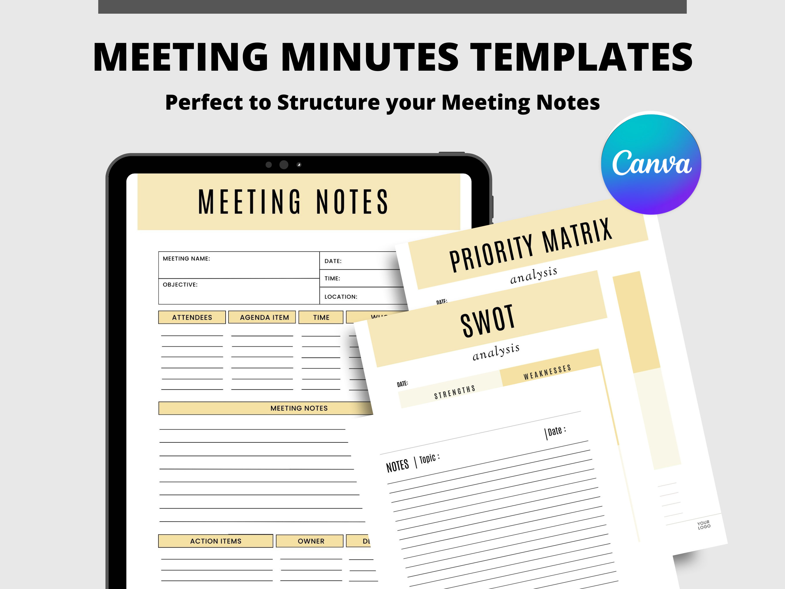 Meeting Agenda Canva Template, INSTANT DOWNLOAD, Meeting Minutes ...