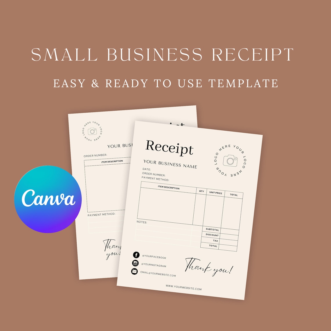 Small Business Receipt Template, INSTANT DOWNLOAD. Business Invoice ...