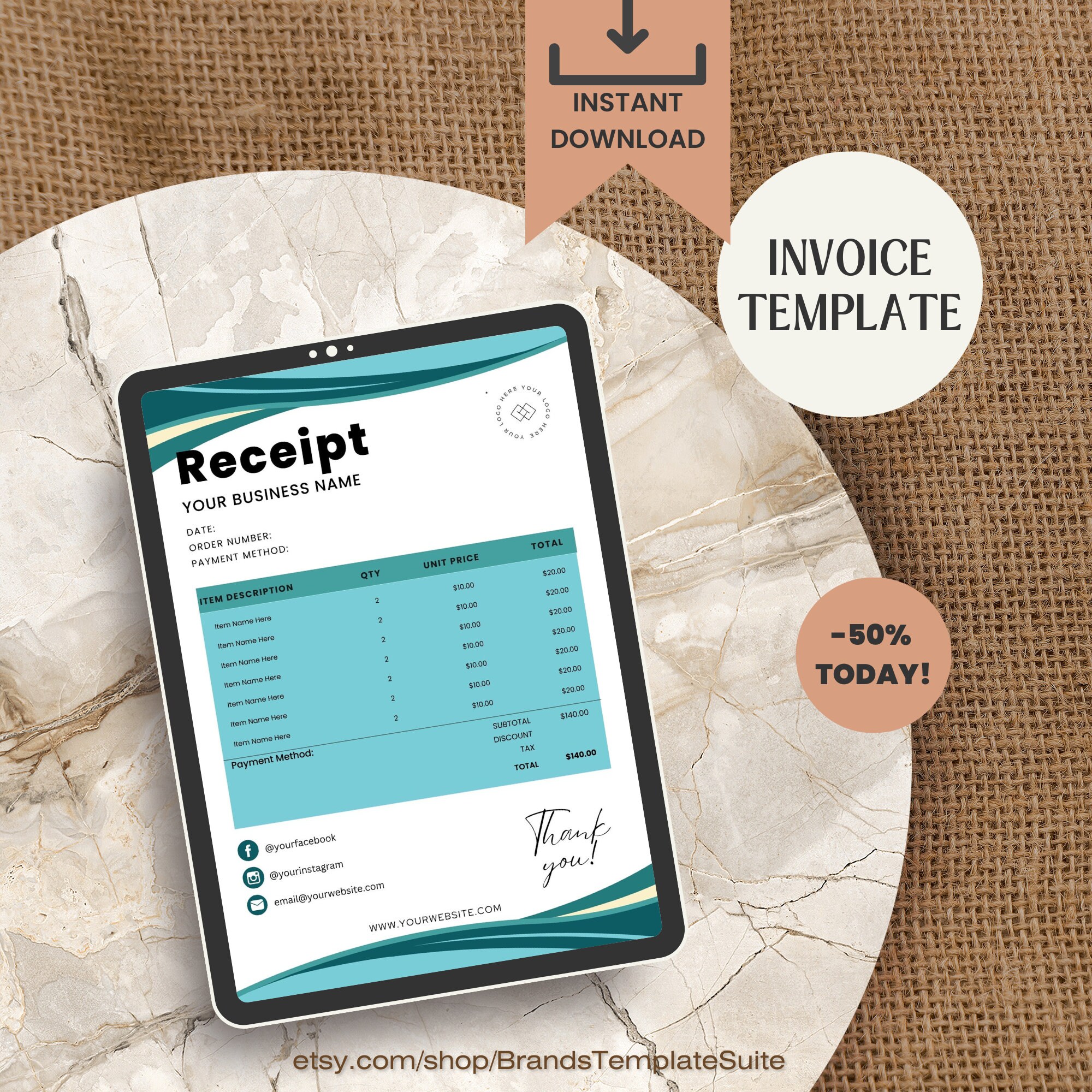 Small Business Receipt Template, INSTANT DOWNLOAD. Business Invoice ...