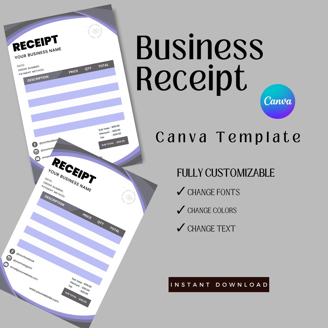 Small Business Receipt Template, INSTANT DOWNLOAD. Business Invoice ...
