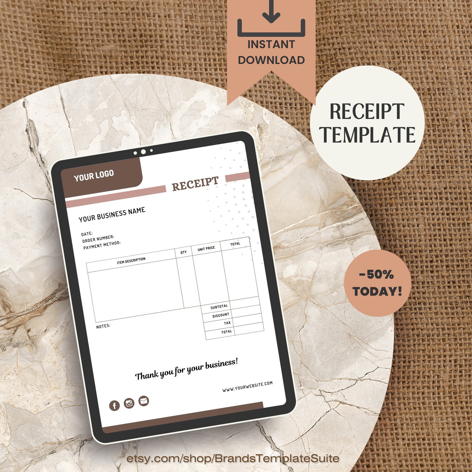 Small Business Receipt Template, INSTANT DOWNLOAD. Business Invoice ...