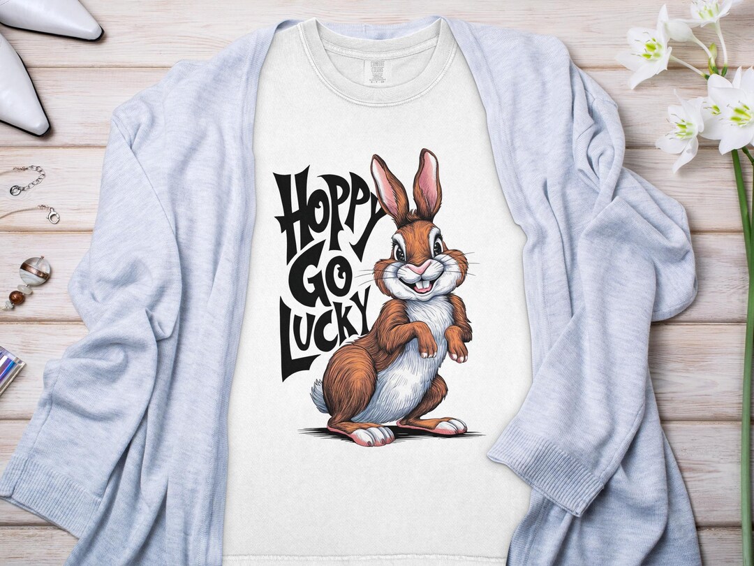 Hoppy Go Lucky Cute Bunny Cartoon T-shirt, Fun Rabbit Graphic Tee ...