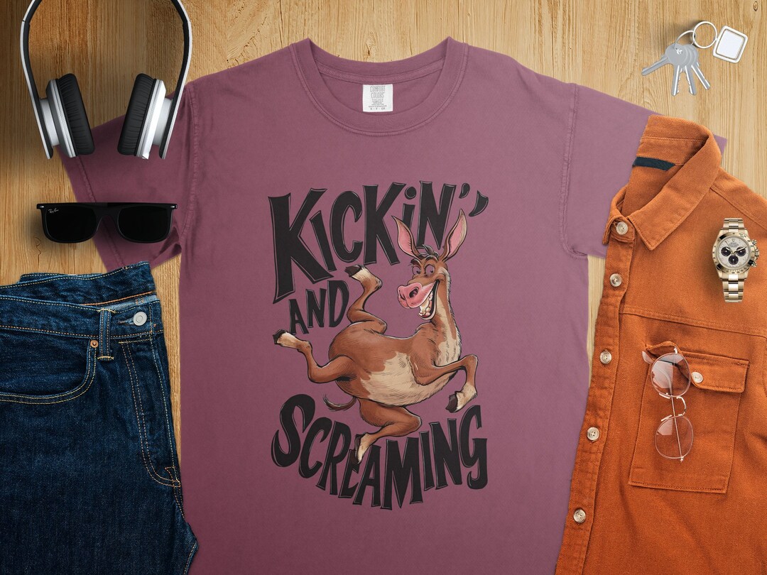 Kickin and Screaming Funny Donkey Tshirt Unique Animal Graphic Tee Cute ...