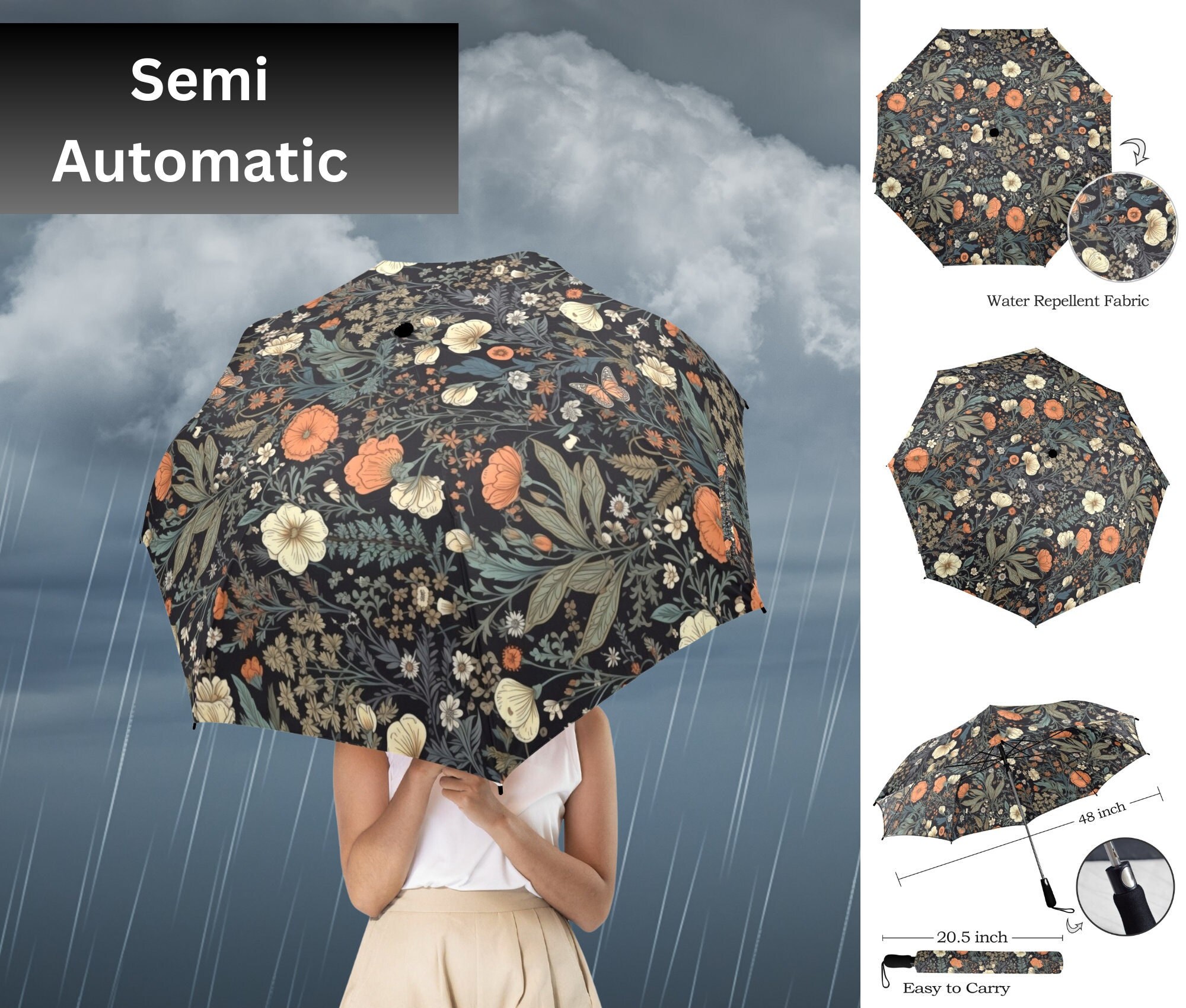 Cottagecore Umbrella-floral Semi Automatic Umbrella-mystical Garden ...