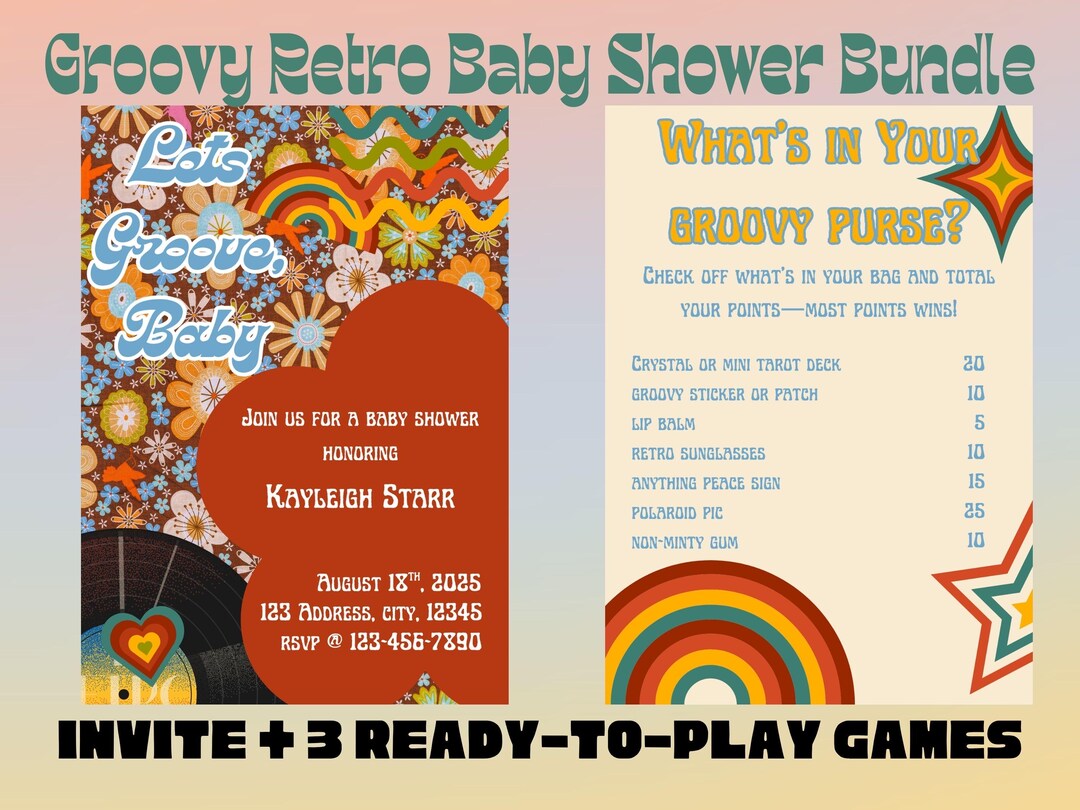 Groovy 70s Baby Shower Bundle: Editable Invite & 3 Games (digital ...
