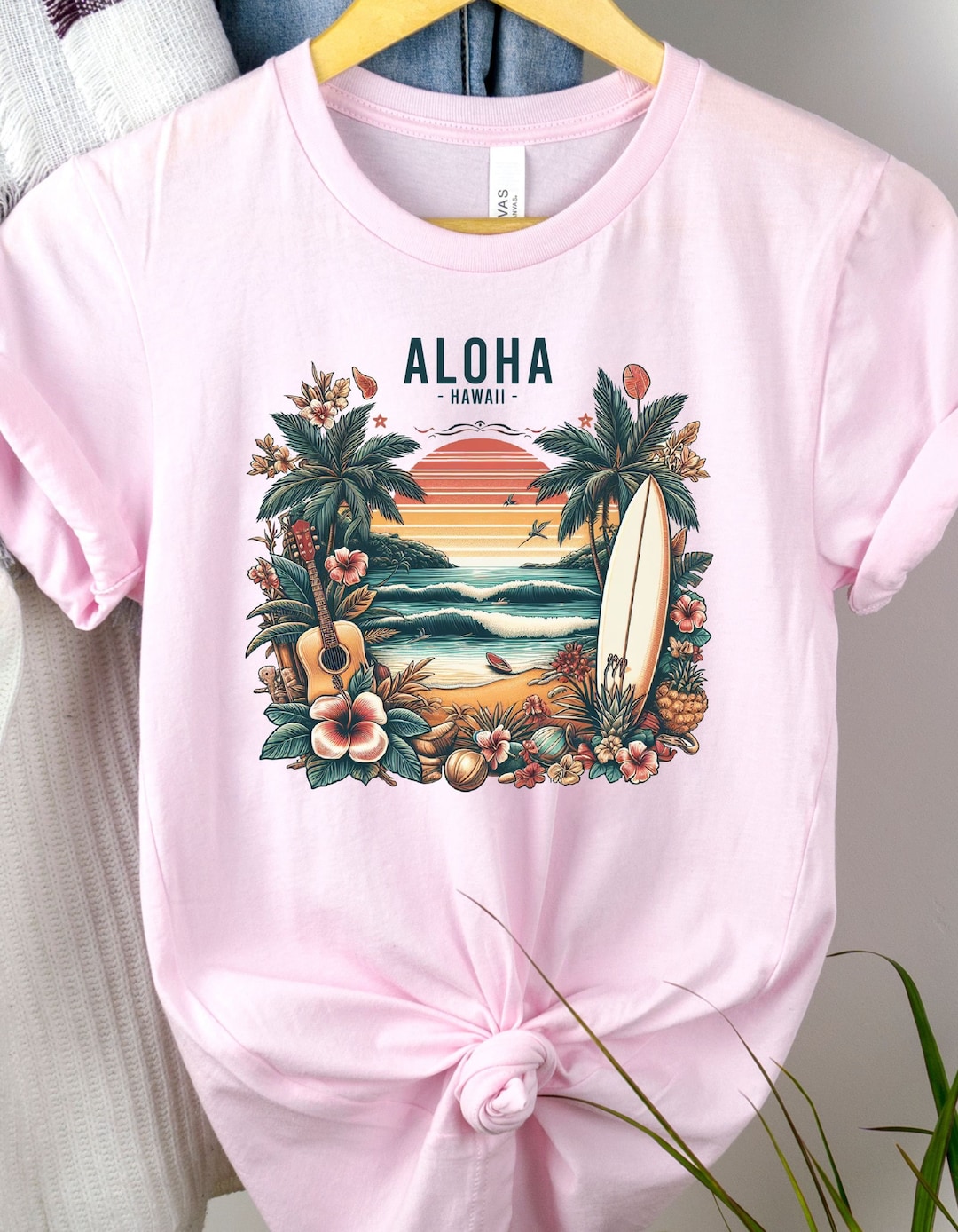 Aloha Hawaii Tshirt, Vacation Shirt, Summer Tshirt, Palm Trees, Surfboard and Guitar, 6 Colors ...