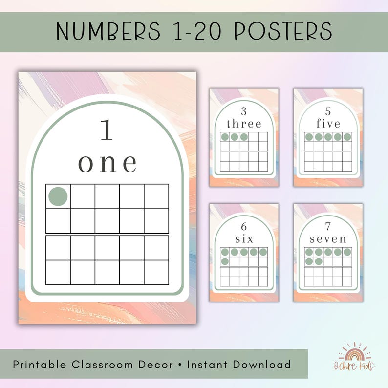 Number Poster Classroom Decor Pastel Rainbow Ten Frame Math Posters ...