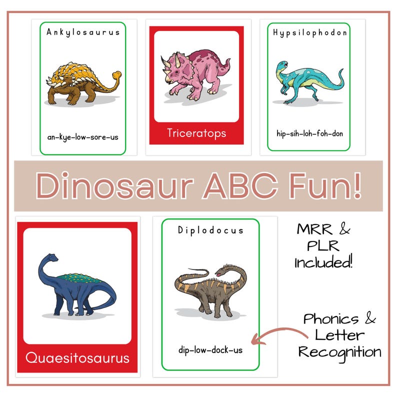 Dinosaur ABC Phonics Alphabet Early Learning Literacy Flash Cards ...