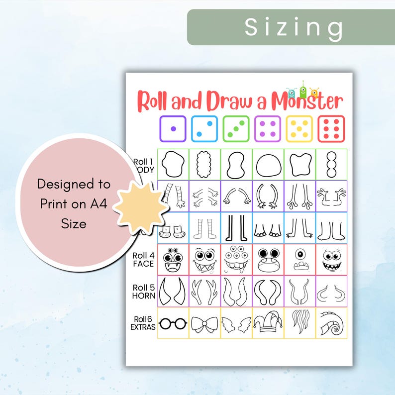 Roll and Draw a Monster | Printable Dice Drawing Game | Monster Art ...