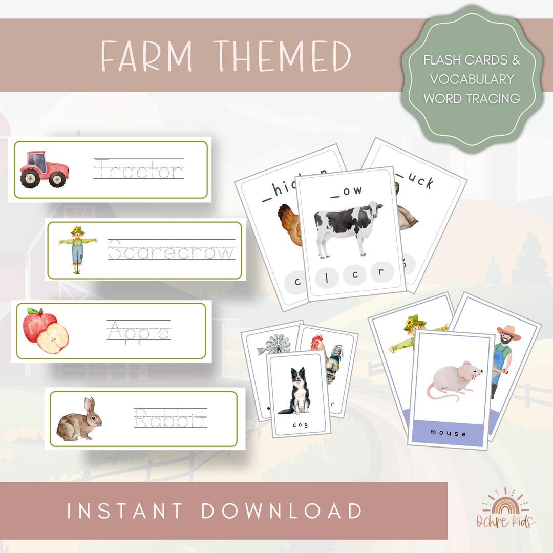 Farm Vocabulary Flash Cards | Handwriting Practice (PDF Pattern) - Etsy