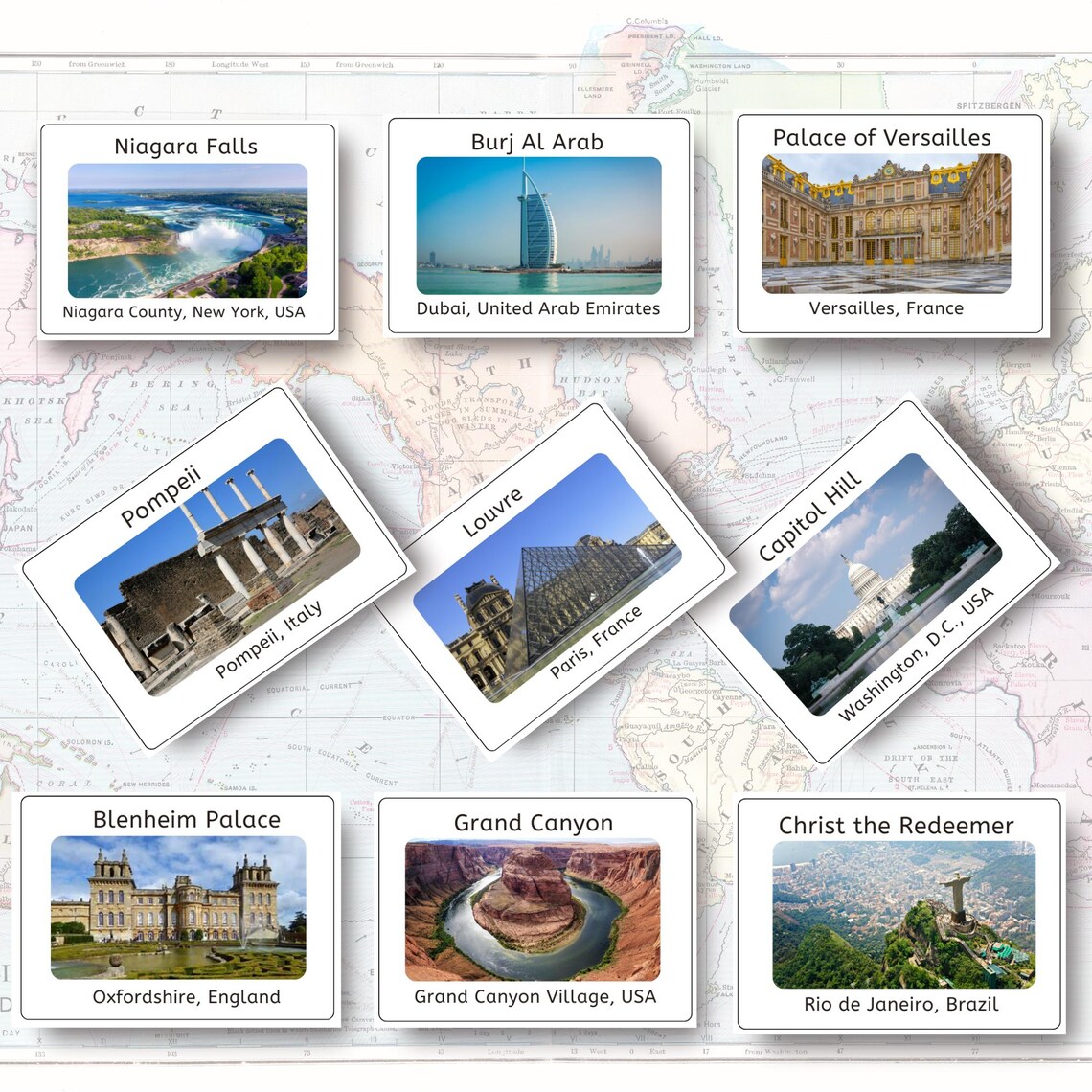 Landmark Flashcards: Geography Learning Aid for Kids (PDF Download A4 ...