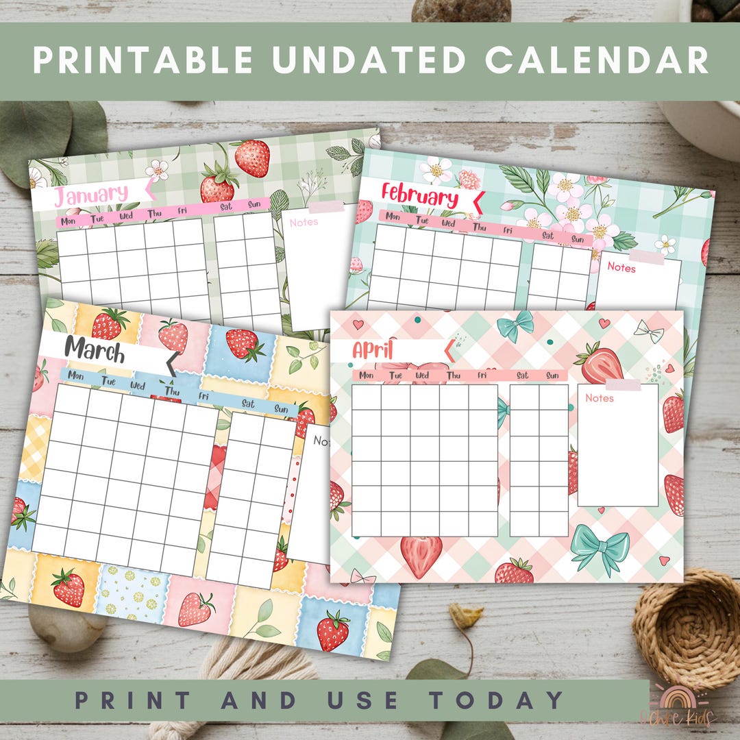 Printable Undated Calendar – Strawberry Monthly Planner PDF, Cute A4 ...