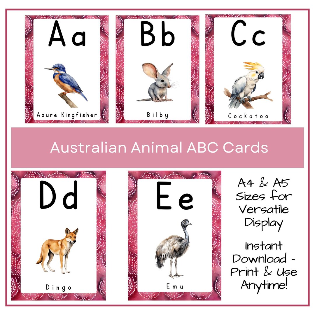 Australian Animal ABC Printable Cards – Indigenous-inspired Pink Theme ...
