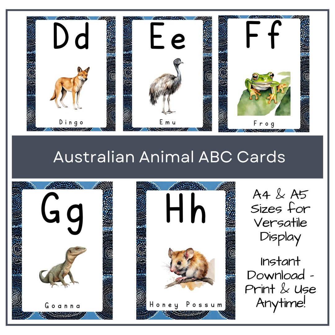 Australian Animal ABC Printable Cards – Indigenous-inspired Blue Theme ...