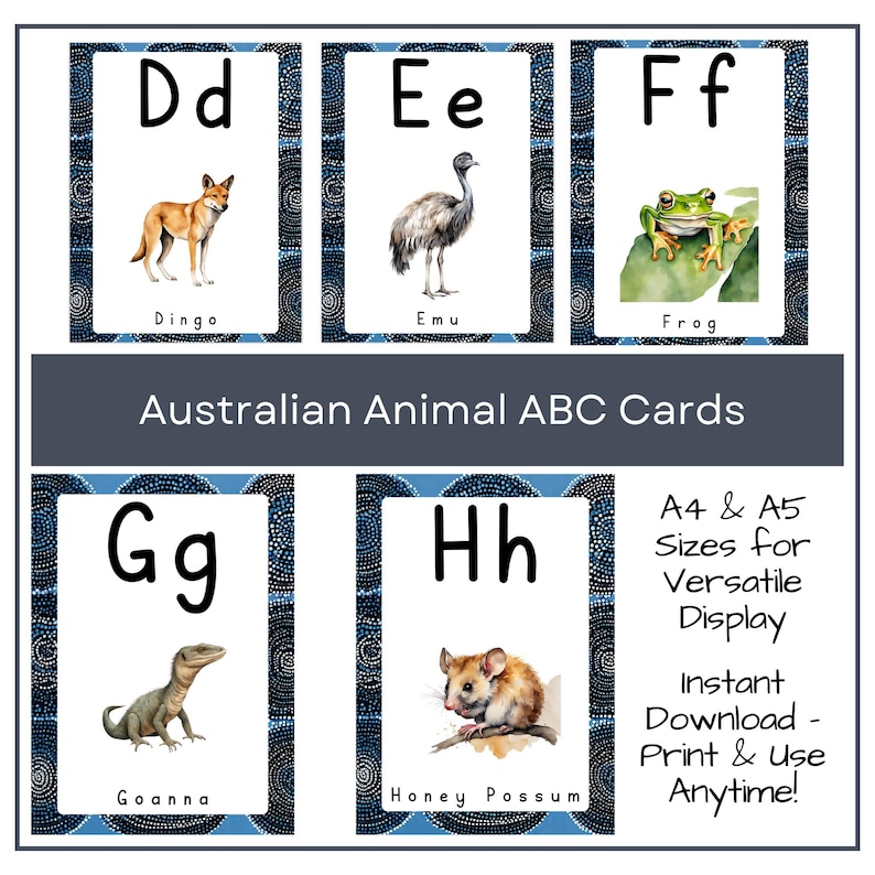 Australian Animal ABC Printable Cards – Indigenous-inspired Blue Theme ...