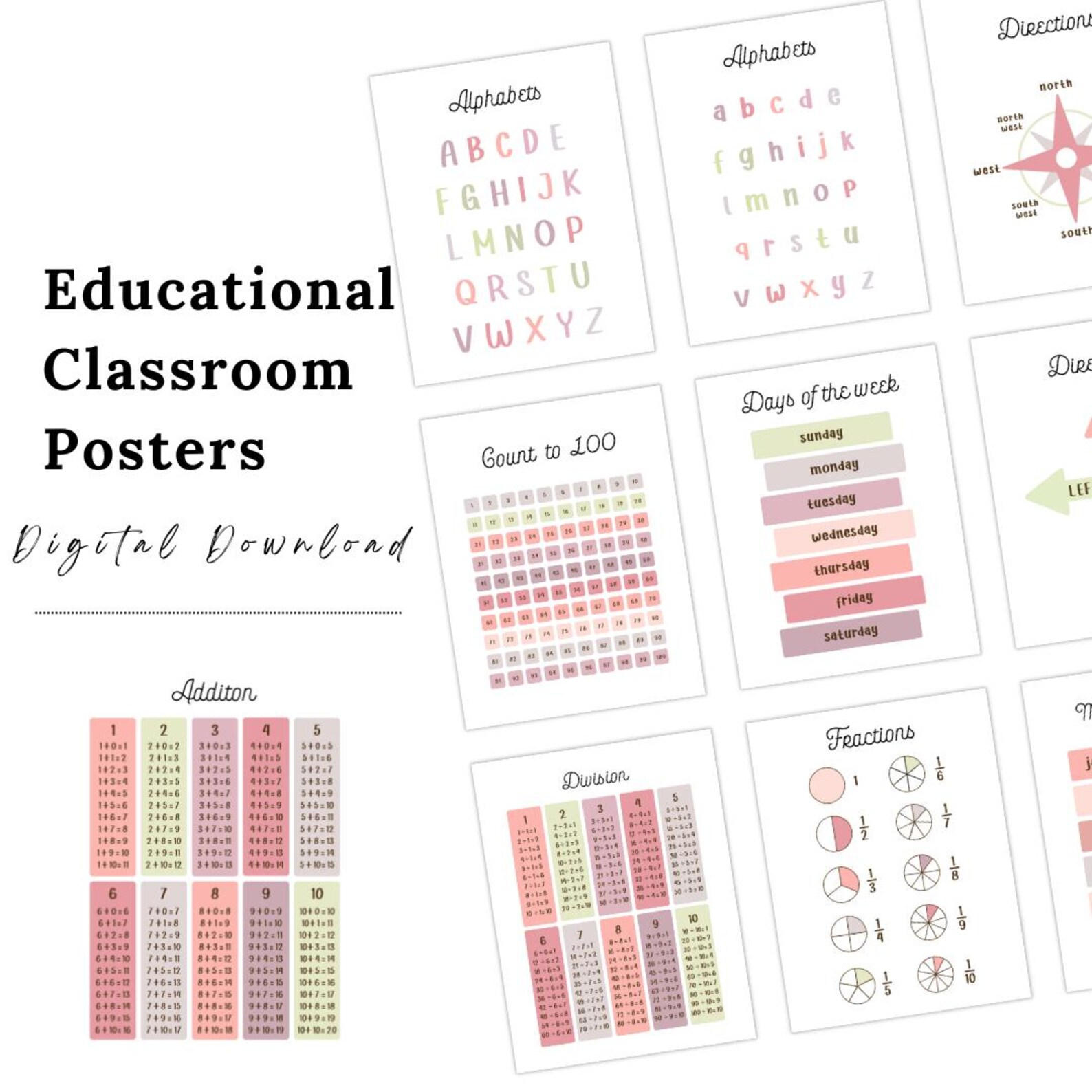 Educational Classroom Poster Bundle: Alphabet, Numbers, Shapes (digital ...