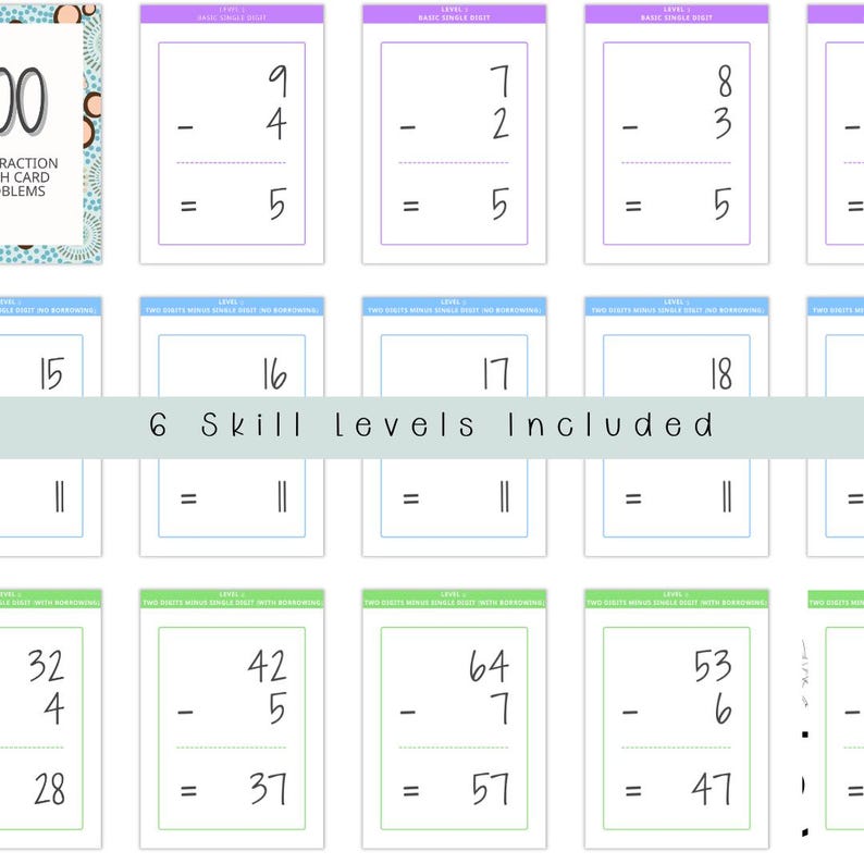 100 Subtraction Flash Cards for Kids Printable PDF and PNG | 6 Levels ...