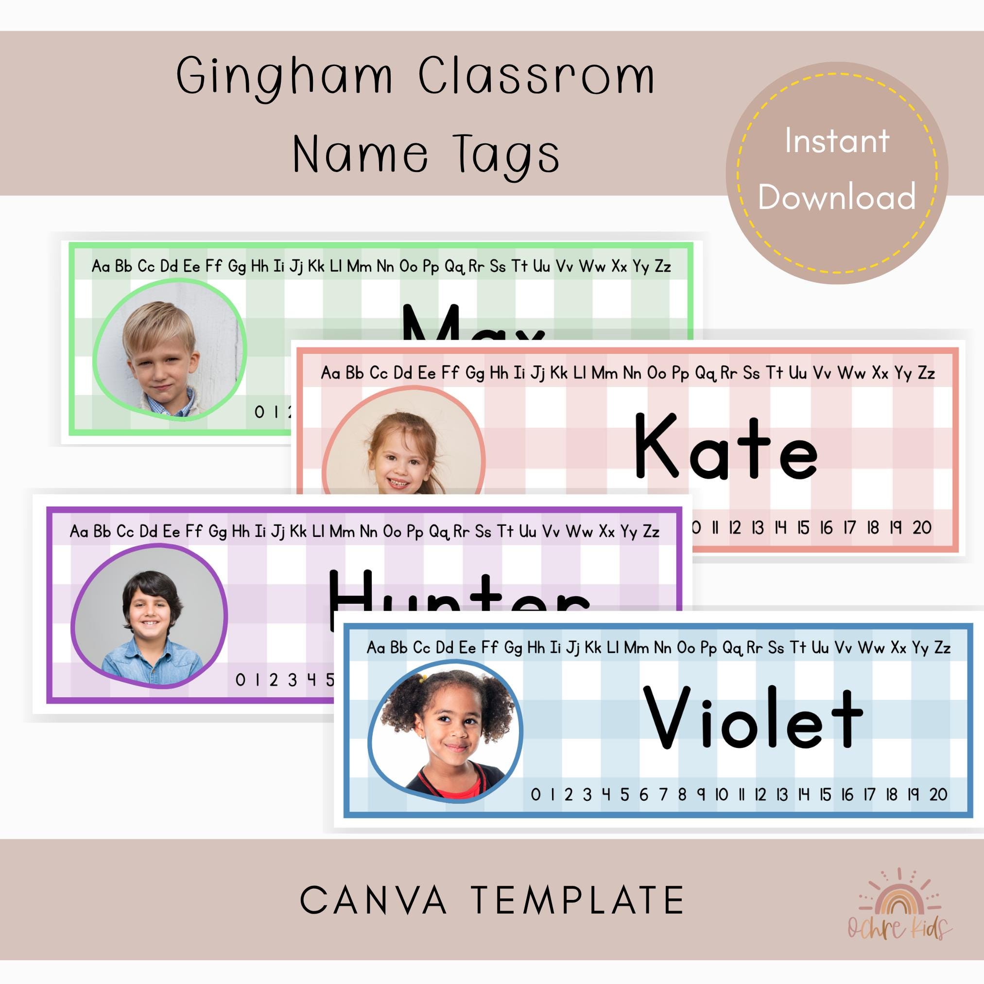 Gingham Classroom Name Tags: Editable Desk Plates, Alphabet & Number ...