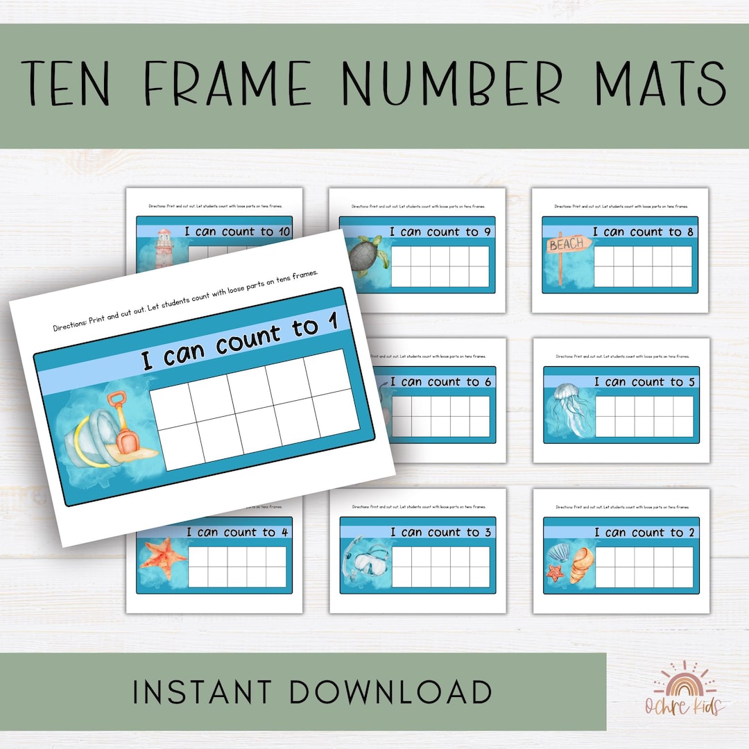 Ten Frame Number Mats Counting 1-10 Beach Theme for Preschool and ...