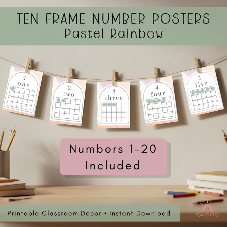 Number Poster Classroom Decor Pastel Rainbow Ten Frame Math Posters ...