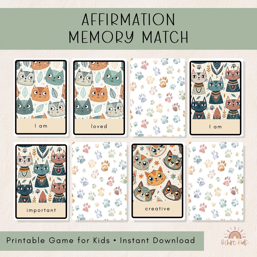 Kids Affirmation Cards Memory Match Printable Game Instant Download PDF ...