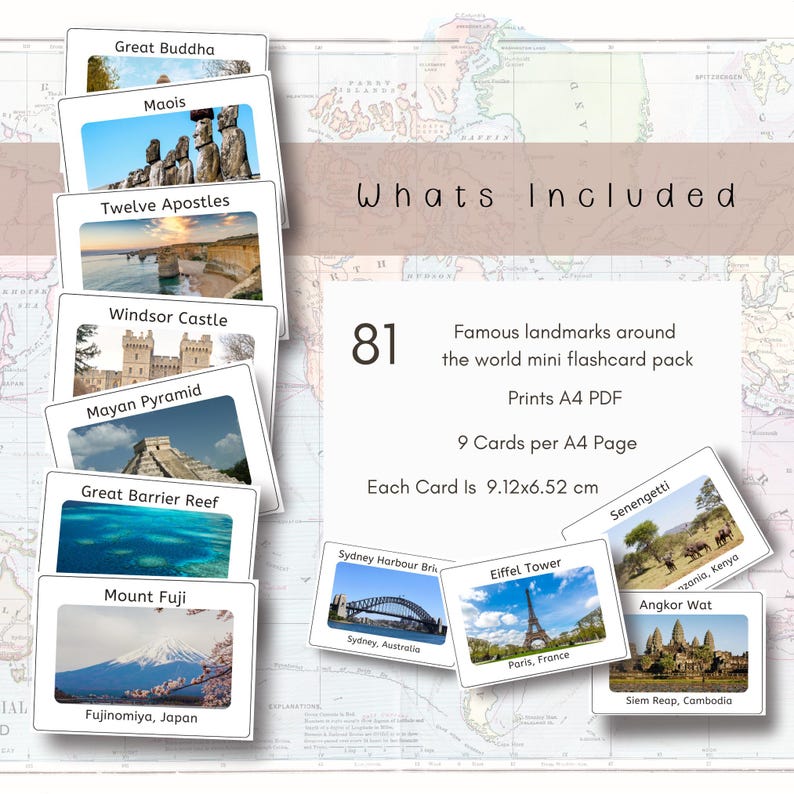 Landmark Flashcards: Geography Learning Aid for Kids (PDF Download A4 ...