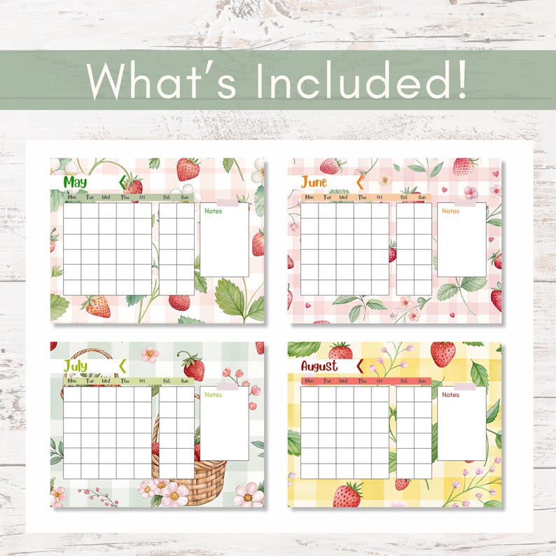 Printable Calendar Non-dated PDF Strawberry Gingham Themed Monthly ...