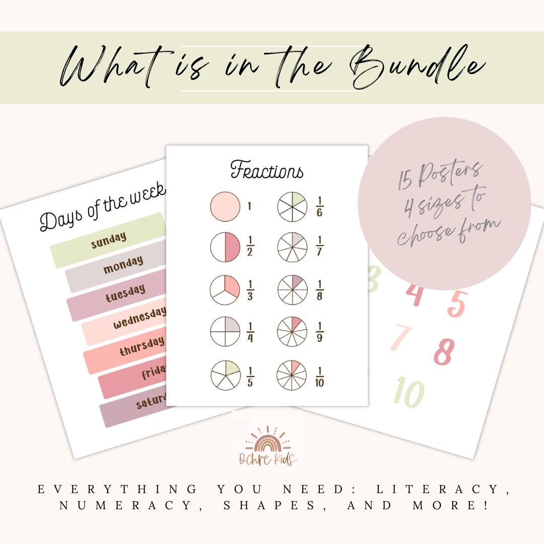 Educational Classroom Poster Bundle: Alphabet, Numbers, Shapes (digital ...