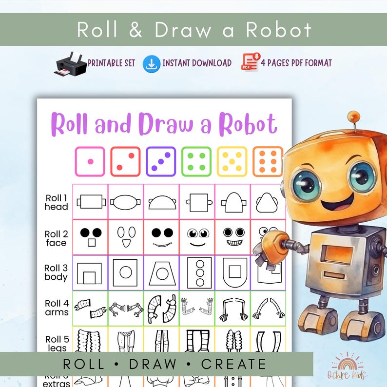 Robot Roll and Draw Printable Dice Drawing Game Art Activity for ...